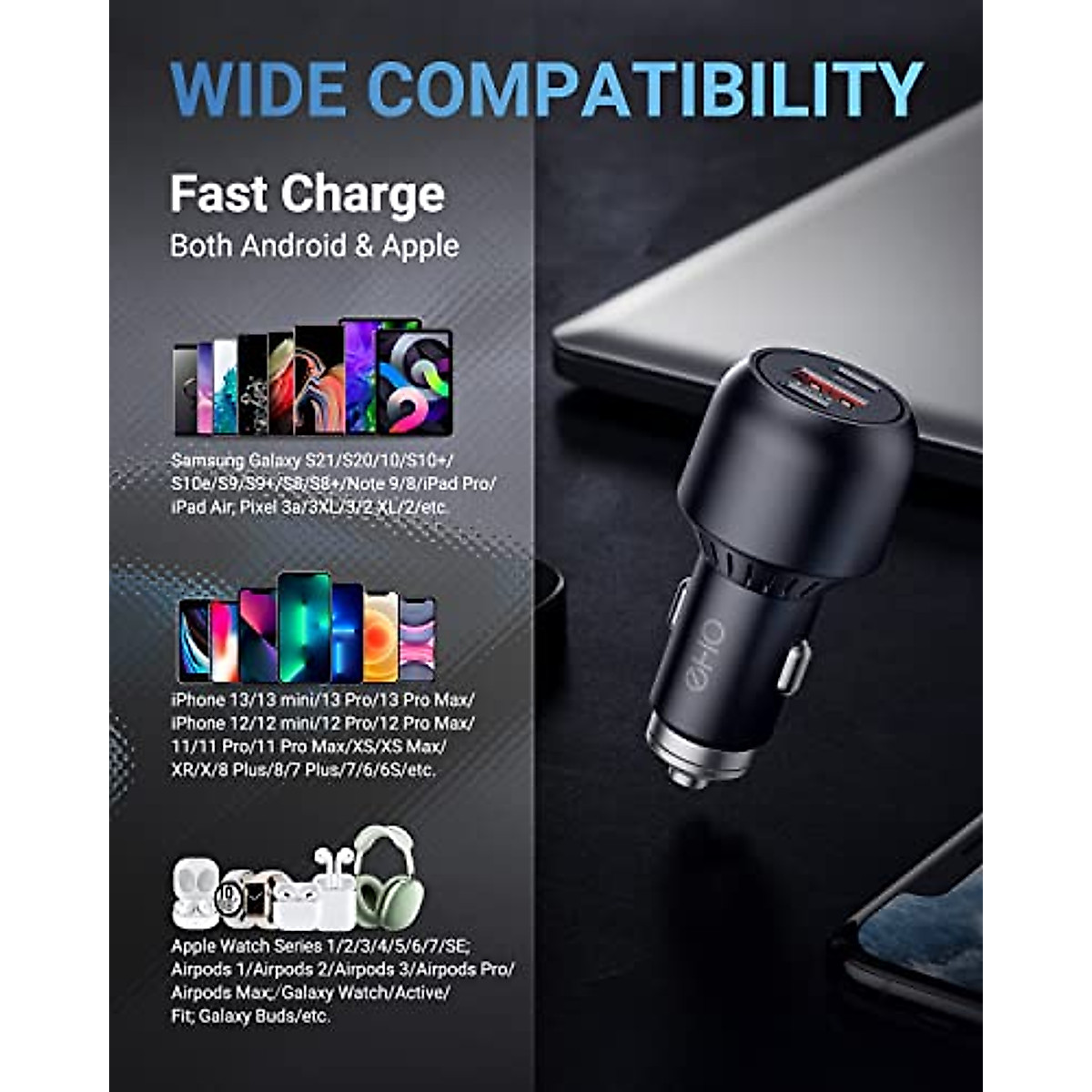 USB C Car Charger for Samsung Galaxy S22/S22 Ultra/S22+, EHO 95W PD3.0 PPS 45W 25W Super Fast Charging Dual USB C Car Charger QC3.0 30W Cigarette Lighter Adapter for Laptops, Tablets, iPhone, MacBook
