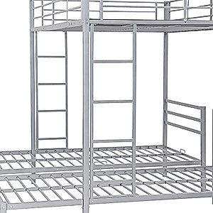 BOVZA Metal Triple Bunk Bed, Full Over Twin & Twin Size Bunk Bed with Built-in Shelf and Ladder, 3 Bunk Beds for Kids Teens Adults, Silver