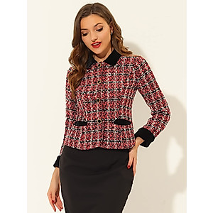 Allegra K Women's Elegant Vevelt Collared Tweed Blazer Jacket Coat X-Small Red