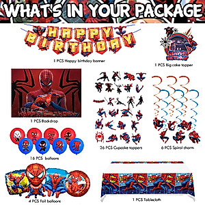 Birthday Party Supplies,Spider Theme Style Party Decorations Include Happy Birthday Banner,Backdrop,Tablecover,Cake Toppers,Cupcake Toppers,Spiral Charms and Latex Balloons Set