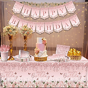 142Pcs Pink Rose Gold Birthday Party Supplies - Pink Birthday Party Tableware Disposable Dinner Plate,Tablecloth Rose Gold Theme Birthday Party Decoration for 50th 60th 70th 80th Women or Girls