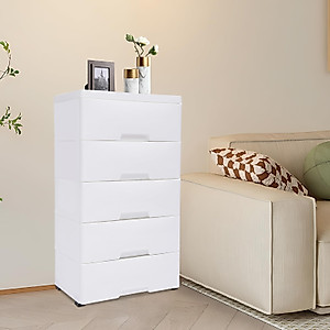 HOLMZCED 5 Tiers Storage Cabinet with Drawers, Stackable Vertical Storage Tower with Removable Wheels Mobile Plastic Storage Organizer Unit with Large Capacity White for Bedroom Living Room Entrance
