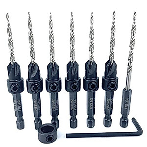 FTG USA Countersink Drill Bit Set 6 Pc #6 (9/64") Wood Countersink Drill Bit, Pro Pack Countersink Bit, 1 Extra Tapered Drill Bit for Countersink, 1 Stop Collar, 1 Hex Wrench