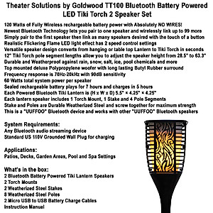 Theater Solutions TT100 Fully Wireless 120 Watt Rechargeable Battery Bluetooth Tiki Torch Speaker 2 Pack Lanterns Link Up to 99 Speakers Wirelessly, Black