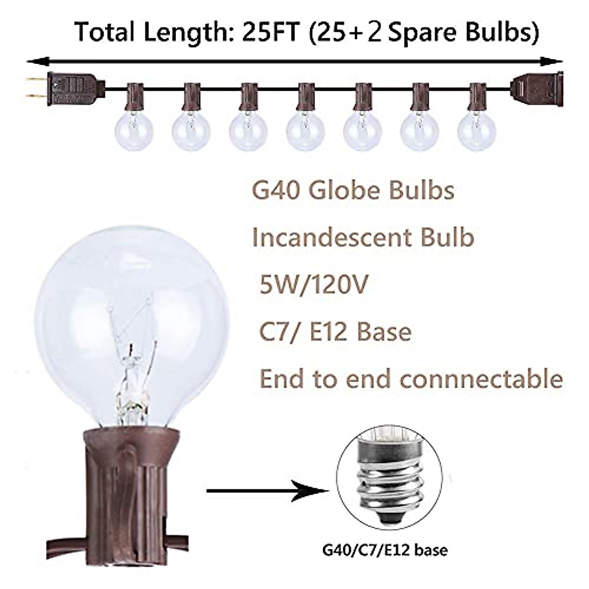 GOOTHY Outdoor String Lights, 25FT Hanging Patio Lights String with 27 G40 Clear Globe Bulbs (2 Spare), Connectable Globe String Lights for Indoor Outdoor Garden Commercial Decor, C7/E12 Base - Brown