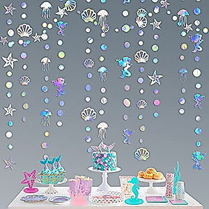 40 Ft Iridescent Mermaid Garland with Jellyfish Seashell Starfish Pearl Holographic Paper Streamer for Little Mermaid Rainbow Theme Birthday Bachelorette Baby Shower Under The Sea Party Decorations