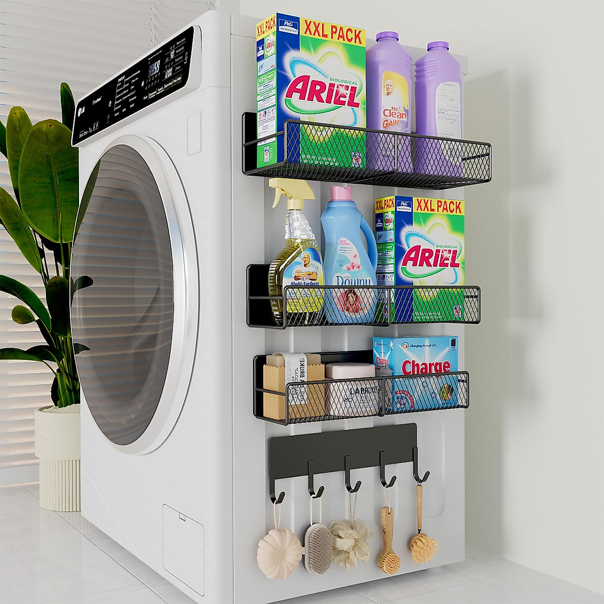 4 Pack Magnetic Shelves for Washing Machine, Magnetic Spice Rack Organizer for Refrigerator, Washing Machine Shelf, Magnetic Laundry Organization and Storage, Laundry Baskets with Hook Shelf, Black