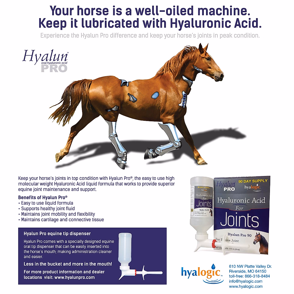 Hyalogic Hyaluronic Acid for Horses 30 Day Supply for Joint Health - Easy Oral Tip Dispenser - Liquid HA for Equine Joints & Cartilage Support Supplement - Hyalun Pro Equine Supplies - 3 oz / 90 ml