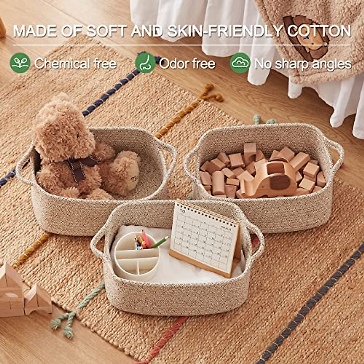 OIAHOMY Cotton Rope Baskets, Woven Baskets for Storage, Nursery Storage Baskets, Rectangle Storage Basket with Handles, Storage Baskets for Shelves, Pack of 3, Brown Variegated
