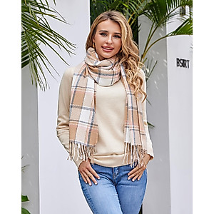 Fuinloth Women's Large Plaid Scarf Fashion Long Shawl Wrap for Winter Warm Lightweight Brown Pink
