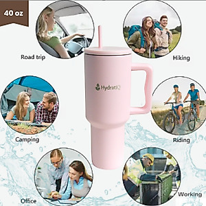 HydratiQ 40 oz Tumbler with Handle and Straw Spill Proof Insulated Water Bottle Leak Proof Stainless Steel Cup Holder Travel Mug Hot Cold Vaso Termico