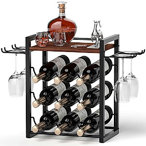 NANAGIFTREE Wine Rack Countertop, Wooden Wine Stand with Tray, Holds 9 Wine Bottles and 4 Glasses, Freestanding Wine Rack for Home, Kitchen, Bar, Wine Cellar