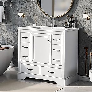 Merax 36" Bathroom Vanities Sink Set, Ceramic Undermount Top, Freestanding Cabinet with Door and Multi-Functional Drawers, Storage Divider, White