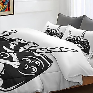 Comforter Set King Size, Vintage Gaming Skeleton Rock Soft Quilt for Kids and Adults, Retro Wireless Gamepad Bedding Set with 2 Pillowcases for Bedroom Bed Decor