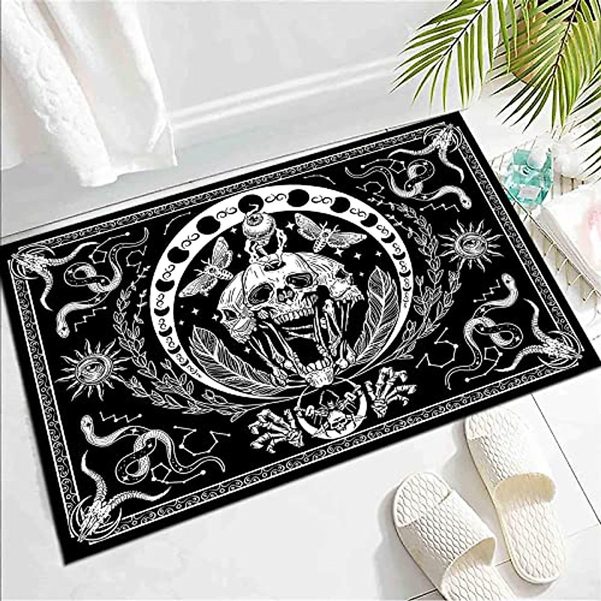 LGGQQW Skull Carpet Black and White Area Rug Snake Rug Moth Rug Trippy Skeleton Carpet Mandala Moon Phase Rug for Room Multicolor 63*90inch