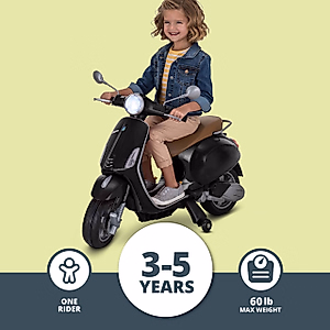 Kid Trax Toddler Vespa Scooter Electric Ride On Toy, 3-5 Years Old, 6 Volt, Max Weight 60 lbs, Black, 6V (KT1419AZA)