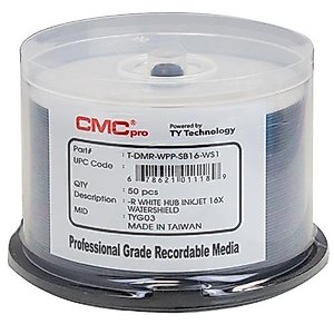 Taiyo Yuden 100 CMC Pro 16X DVD-R 4.7GB Water Shield White Inkjet Hub Printable