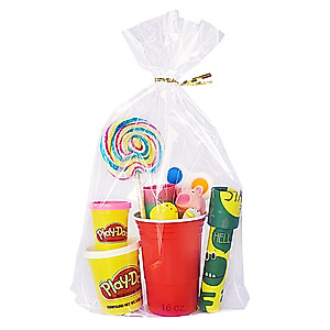 Wowfit 50 CT 10x14 inches Clear Bottom Gusset Cellophane Treat Bags with 6" Gold Twist Ties, Cello Packaging for Gift Wrapping, Decorations, and Food Storage