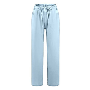 Capri Pants for Women Casual 2023 Summer Drawstring Elastic High Waist Linen Pant Straight Wide Leg Cropped Trouser high Waisted Wide Leg Pants Sky Blue XL