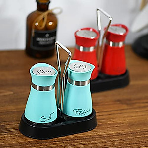 2 PCS - Stainless Steel and Glass Salt and Pepper Shaker Sets with Holder (BLUE)