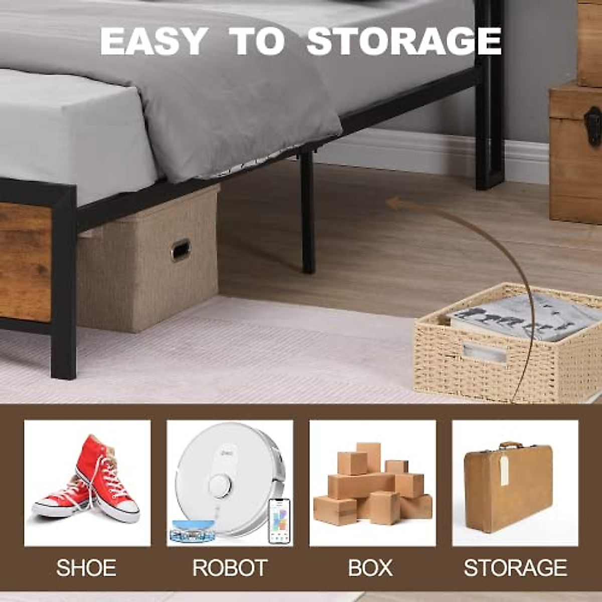 anwickjeff Modern Industrial Queen Bed Frame with LED Lights, Storage Headboard and USB Ports, Queen Size, 800lbs Capacity, Rustic Brown