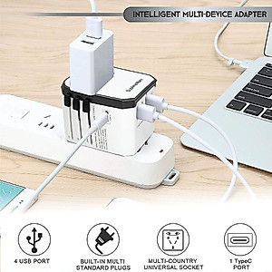 Power Plug Adapter - International Travel (w/5 USB Ports and USB Type C)- Work 150+ Countries - 220 Volt Travel Adapter - Type C A G I A/C - UK Japan China EU Europe European