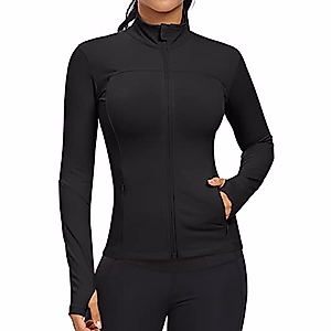 GYM RAINBOW Workout Jackets for Women, Full Zip Slim Fit Lightweight Athletic Running Sports Track Jacket with Pockets(1-Black,Medium)