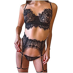 wodceeke Sexy Sling Lace Lingerie Three-piece For Women Perspective Embroidered Bodysuit Seductive Pajamas With Garter (Black, XXL)