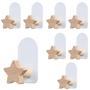 AUXBC 8 PCS Star Shaped Hooks, Kids Room Decorative Hooks, Wood Coat Hooks, Adhesive Mounted Wall Hook for Hanging Coat Clothes Hat Bag Purse and Towel