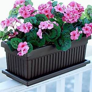 The HC Companies 30 Inch Venetian Rectangular Window Planter Box - Lightweight Plastic Indoor Outdoor Plant Pot with Drainage for Windowsill, Herbs, Flowers, Black