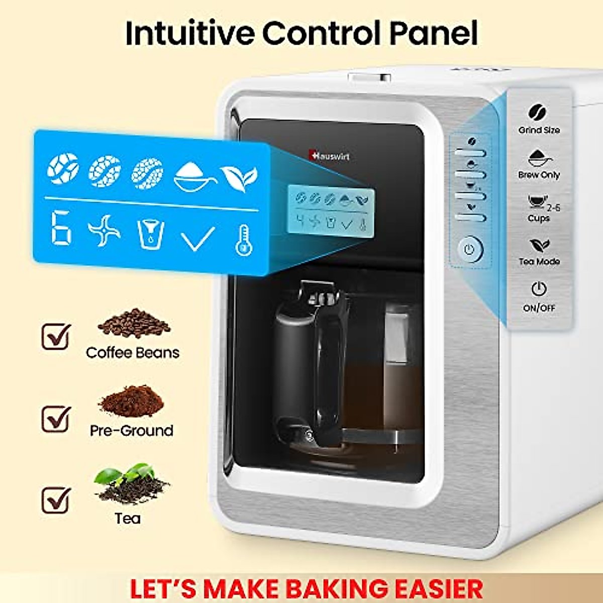 HAUSWIRT Coffee Maker with Grinder, Grind and Brew Coffee Maker with LCD Display, Automatic Drip Coffee Machine with Grind Size and 2 to 6-Cup Settings, Compatible for Bean Ground Coffee and Tea