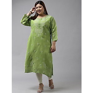 Ada Indian Hand Embroidered Chikankari Straight Cotton Kurta Kurti Tunic for Women A231437 (Green, Medium)
