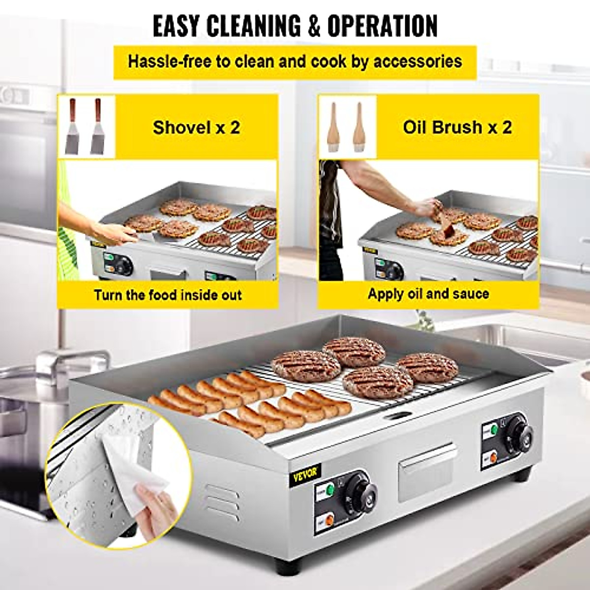 VEVOR 29" Commercial Electric Griddle,Electric Countertop Flat Top Griddle 220V 3000W Half Grooved/Flat,Non-Stick Restaurant Teppanyaki Stainless Steel Grill,Temperature Control 122°F-572°F.