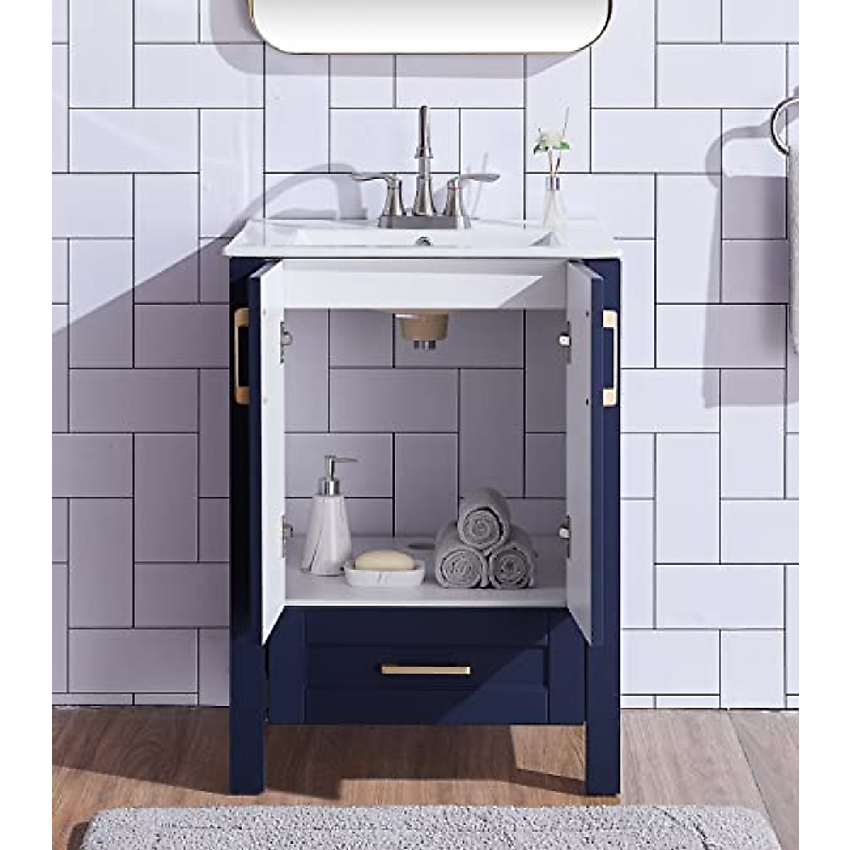 Popity home 24 Inch Bathroom Vanity with Sink,Blue Bathroom Sink Cabinet,Small Bath Vanity with White Three Hole Ceramic Sink, Gold Handle Bathroom Vanity