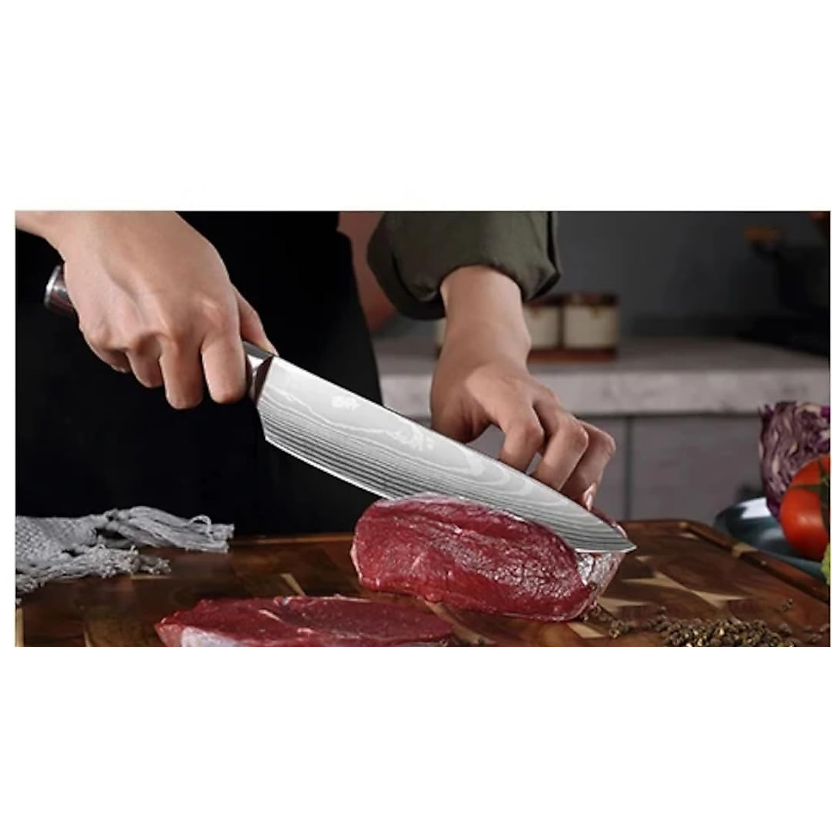 Damascus Kitchen Knives Set of 5 – Razor-Sharp Steel, Laser-Cut Damascus Pattern, Includes Chef Knife, Santoku, Nakari & Paring Knife for Precision Cutting in Home or Professional Kitchens