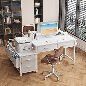 Lufeiya White Computer Desk with Fabric File Drawers Cabinet, 57 Inch Home Office Desks with Reversible Filing Cabinet Printer Stand for Small Space, Study Writing Table PC Vanity Desks, White