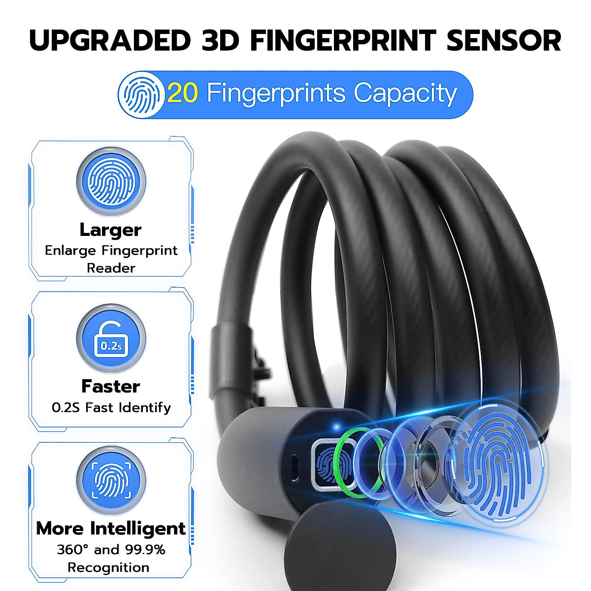 eLinkSmart Fingerprint Cable Lock, 4.9FT Long Heavy Duty Anti Theft Bike Lock, Weatherproof Keyless Electronic Digital Biometric Bluetooth Smart Lock for Bicycle Scooter Lawnmower Skateboard - Black