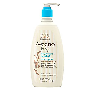 Aveeno Baby Daily Moisture Gentle Body Wash & Shampoo with Oat Extract, 2-in-1 Baby Bath Wash & Hair Shampoo, Tear- & Paraben-Free for Hair & Sensitive Skin, Lightly Scented, 18 fl. oz
