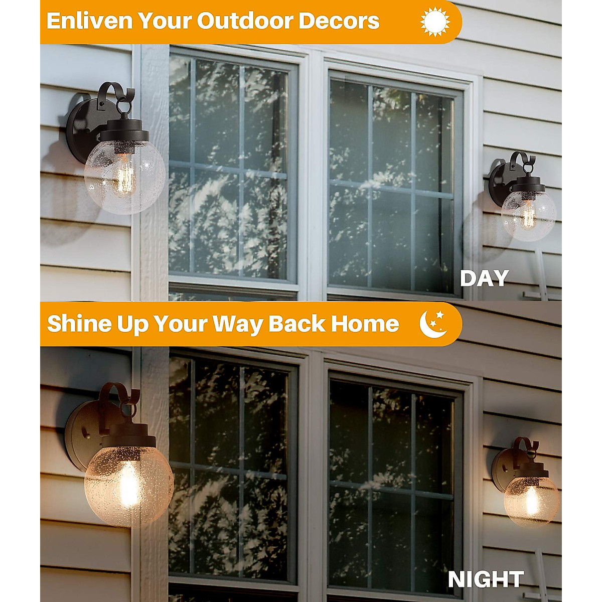 LALUZ Sphere Porch Light, Outside Lights for House with Seeded Glass Globe, Weather-Proof Outdoor Light Fixtures Wall Mount for Front Door, Garage, Yard, Patio, Textured Black Finish, 2 Pack