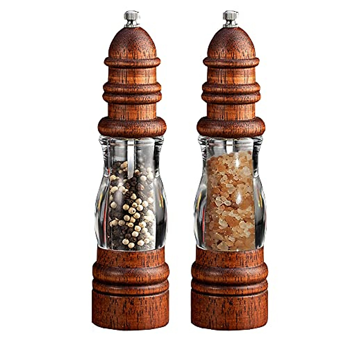 Funly mee 8.5inch Acrylic and Wooden Salt and Pepper Grinder Set, Manual Pepper Mill Sets Salt Grinder, Adjustable Coarseness - 2 Pack