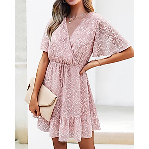 KIRUNDO Women's Summer Dresses 2025 Casual Short Sleeve V Neck Ruffle Floral Print High Waist Flowy Mini Dress with Belt(Small, Pink)