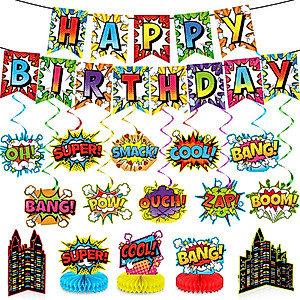 27pcs Super Theme Party Decorations Set Hero Birthday Banner Hanging Swirls and Honeycomb Centerpieces Fun Hero Theme Party Decor for Boys Girls Kids Baby Shower Party Supplies Favor