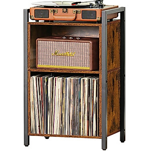LELELINKY Record Player Stand, 2-Tier Vinyl Record Storage Cabinet with Metal Frame, Cube Vinyl Holder Organizer, Turntable Stand, End Table, Nightstand for Living Room, Bedroom, Office- Retro Brown
