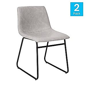 Flash Furniture Butler 18 Inch Commercial Grade LeatherSoft Dining Table Height Chair, Mid-Back Black Sled Base with Light Gray LeatherSoft Upholstery, Set of 2