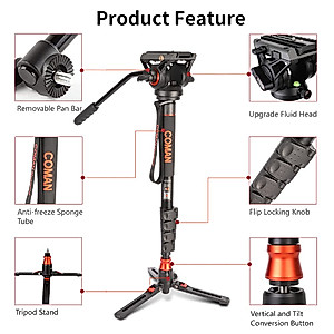 Famall Monopod with Feet, Coman Professional Video Camera Monopod with Tripod Stand 70.6 inch Max Load 22 Lbs for Cameras, Canon, Nikon, Sony, DSLR, Video Camcorder