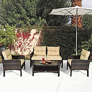 HAPPYGRILL 4-Piece Patio Furniture Set Outdoor Rattan Wicker Sofa Set with Cushions & Coffee Table, Conversation Sofa Set with Tempered Glass Table Top and Storage Shelf
