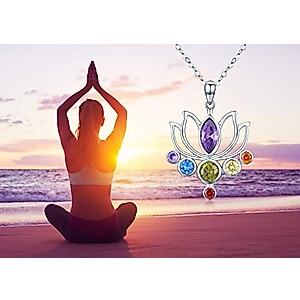 TANGPOET 7 Chakra Necklace for Women 925 Sterling Silver Lotus Flower Pendant Necklaces Spiritual Protection Healing Gemstones Jewelry Birthday Christmas Reiki Meditation Gifts for Her Mom Wife