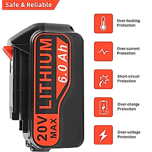 ARyee 6.0Ah 20V LBXR20 LBX4020 Lithium Battery Compatible with Black and Decker 20Volt Max LB20 LBX20 LBXR2020 LB2X4020-OPE LBXR20-OPE Cordless Power Drill Driver Tools