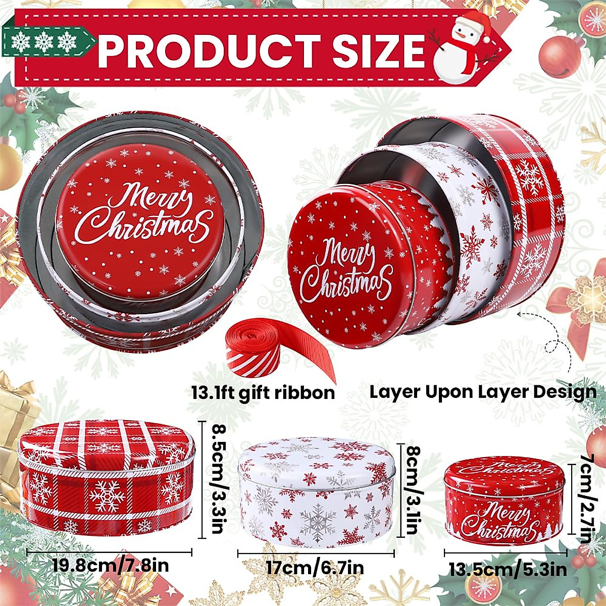 DIYDEC 3 Pack Christmas Cookie Tins with Lids Round Christmas Tin Containers with Gift Ribbon Large Medium Small Xmas Metal Nesting Containers Festive Cookie Tins for Gift Giving Holiday Treats