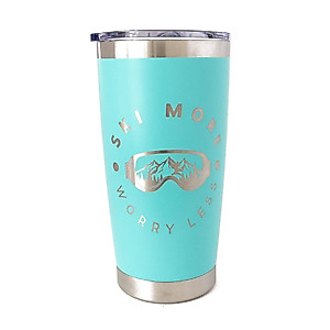 Ski More Worry Less 20oz Coffee Tumbler (Teal), Skiing Gifts for Women, To Go Travel Coffee Mug, Snow Ski Accessories Fun